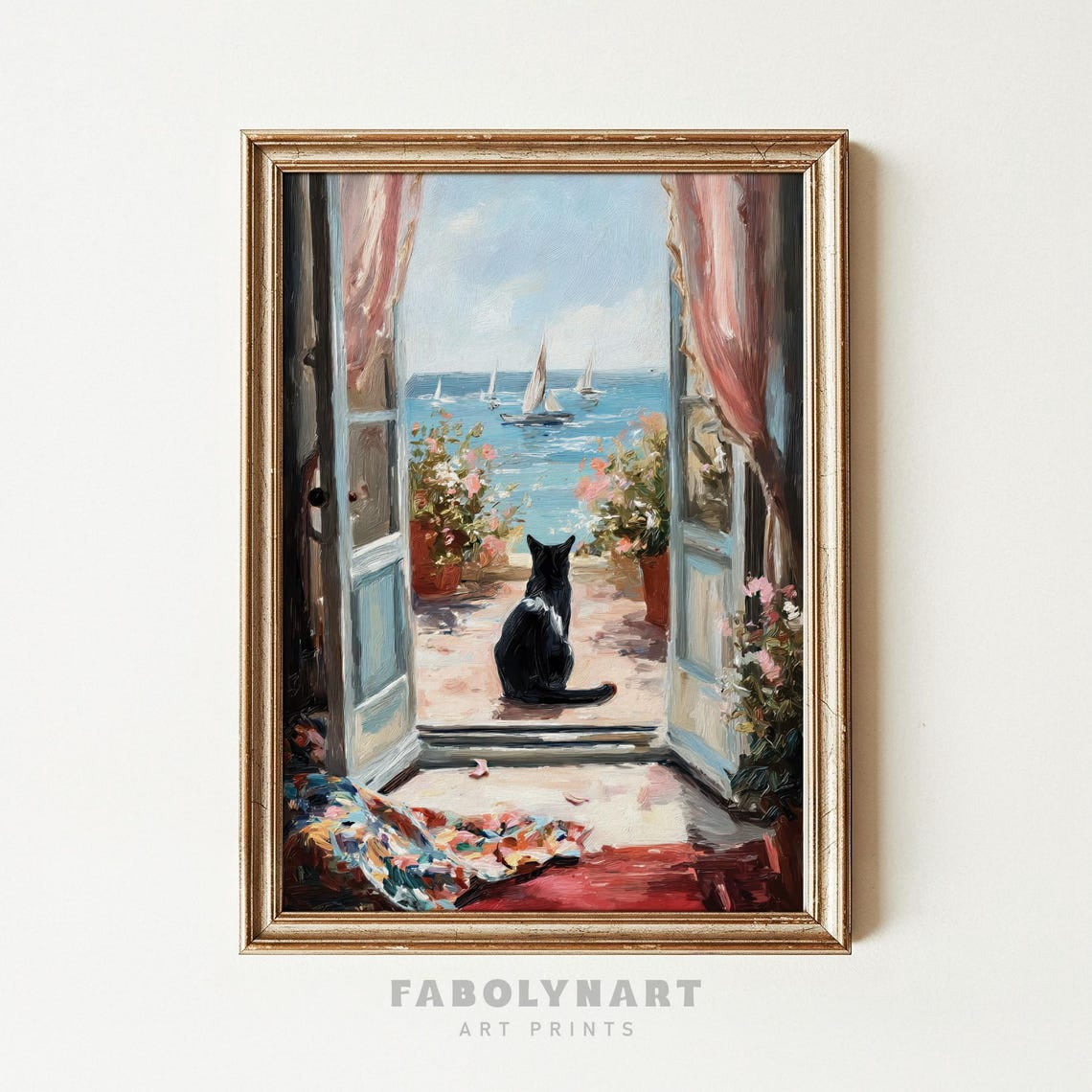 Black Cat Wall Art Mediterranean Sea View Coastal Balcony Art Cat Lover ...