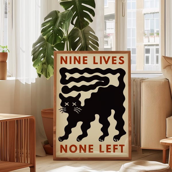 Black Cat Wall Art Nine Lives None Left Print Cat Printable Modern ...
