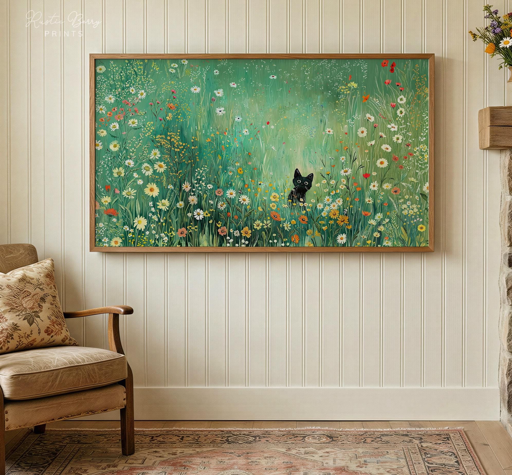Black Cat Wall Art Poster, Cute Peeking Cat In Wildflower Meadow ...