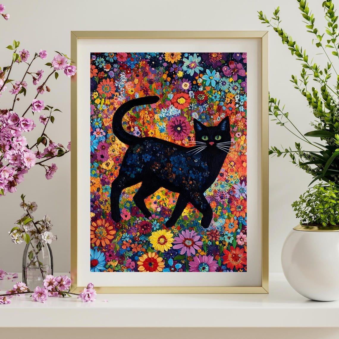 Black Cat Wall Art Print - Colorful Maximalist Cat Decor, Vintage ...