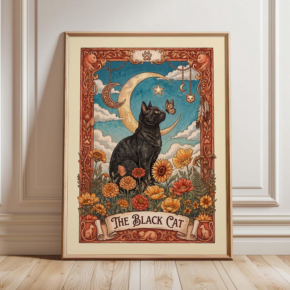 Black Cat Wall Art Print Vintage Tarot Cat Poster Celestial Moon Cat ...