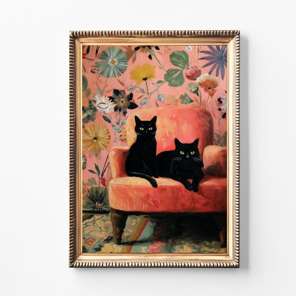 Black Cat Wall Art Whimsical Cat Painting Bold Floral Room Decor ...