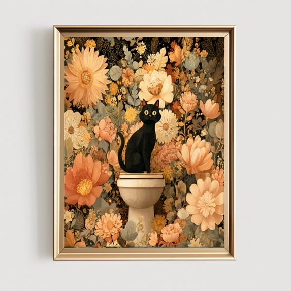 Black Cat Wall Art – Whimsical Floral Bathroom Poster, Autumn ...