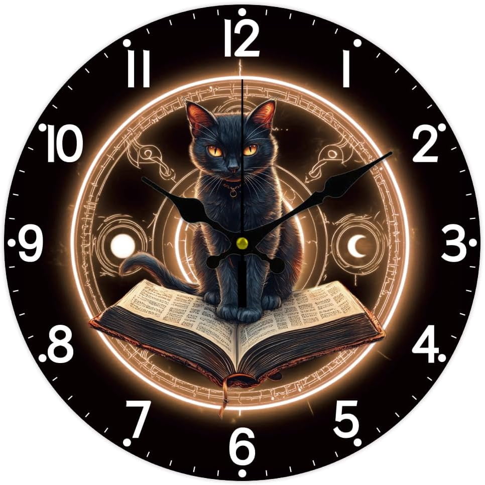 Black Cat Wall Clock 12 Inch Battery Operated Wall Clocks Magic Book ...