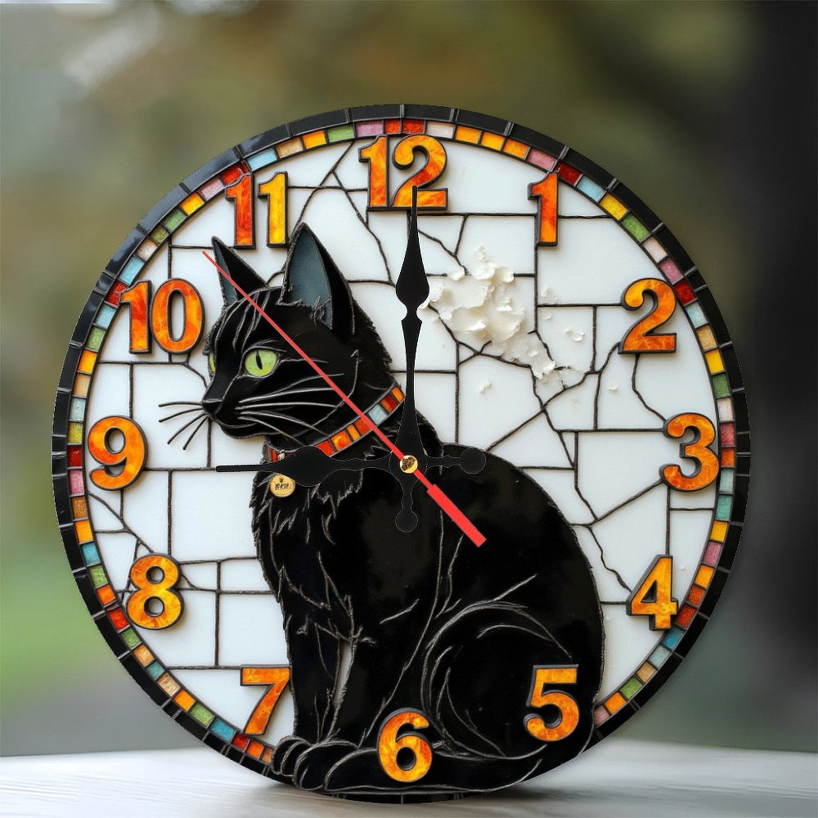 Black Cat Wall Clock with Colorful Mosaic Design 10-Inch Silent Wooden ...