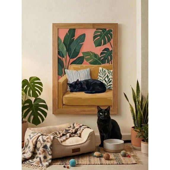 Black Cat Wall Poster Cozy Mid Century Botanical Illustration Tropical ...