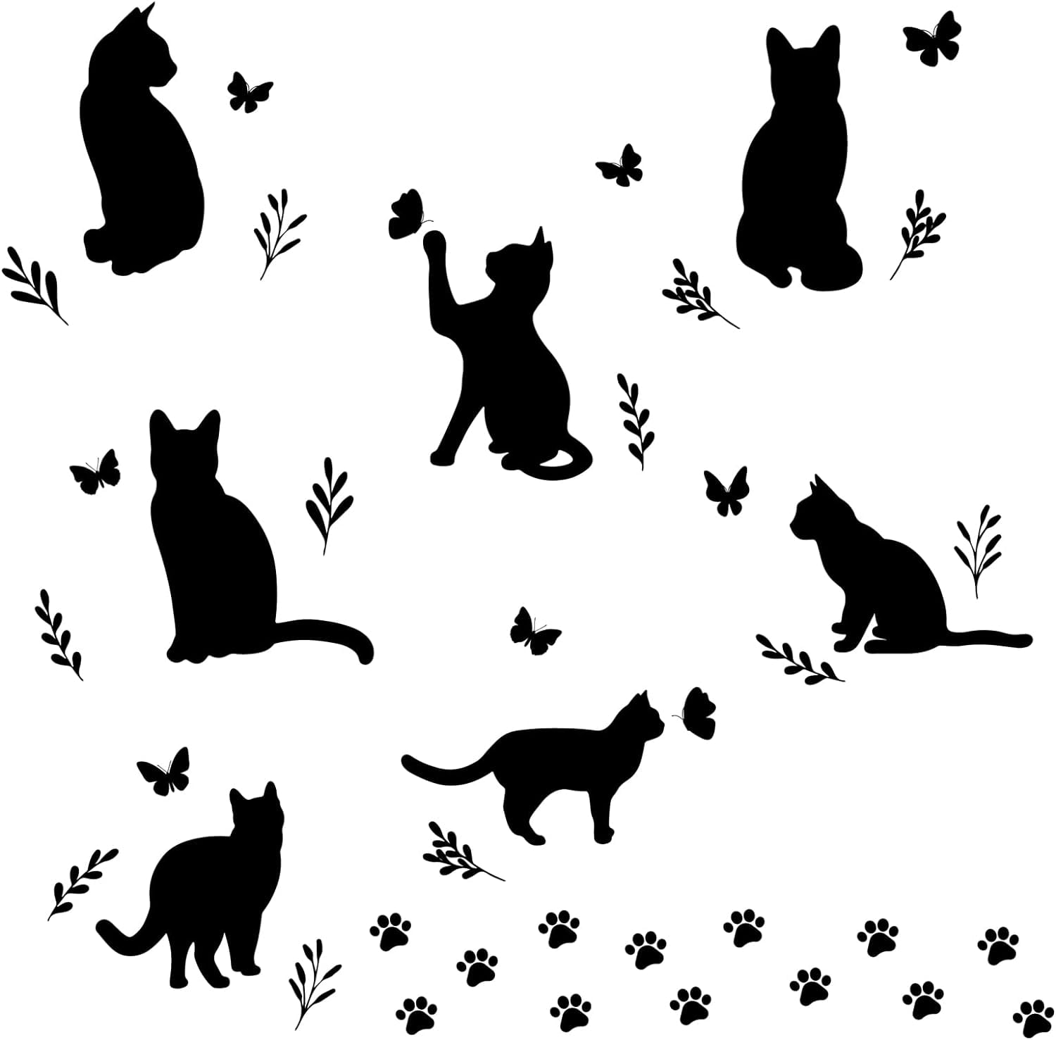 Black Cat Wall Stickers Cat Silhouette Decals Butterfly Wall Decor Paw ...