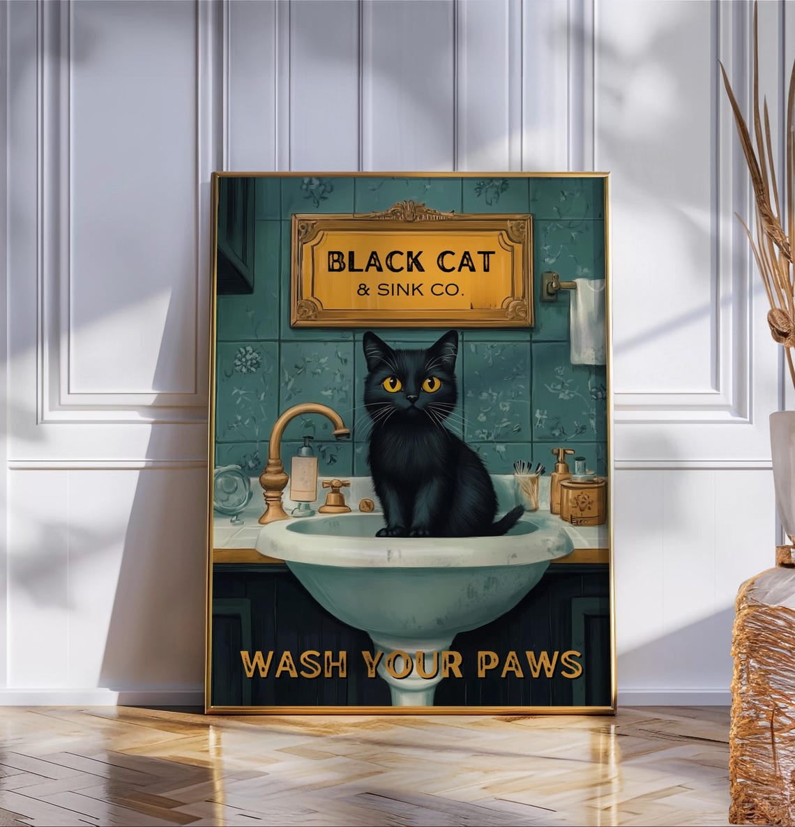 Black Cat Wash Your Paws Poster, Bathroom Decoration Print, Animal ...