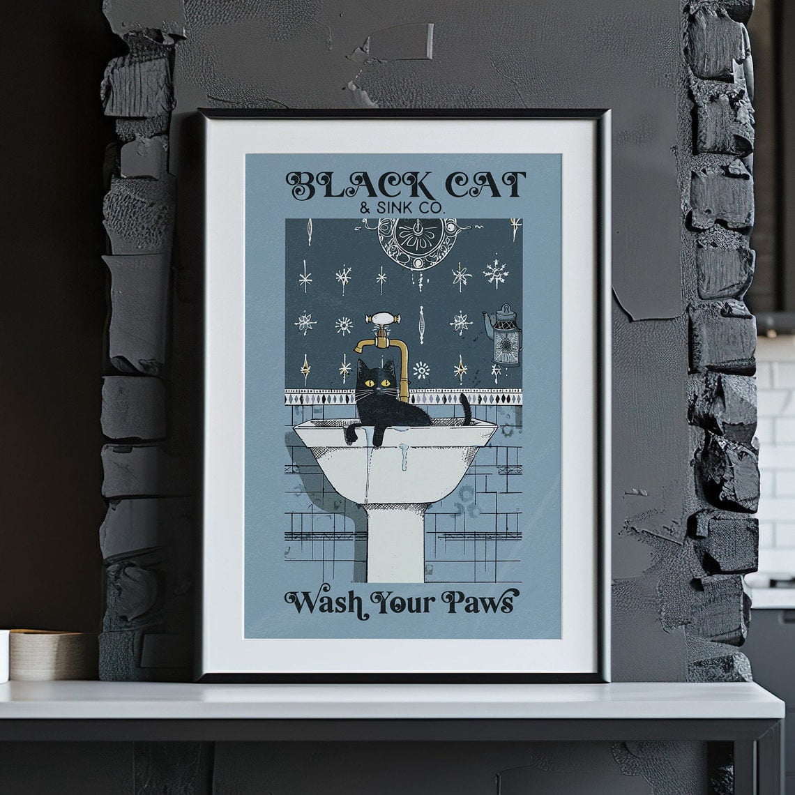 Black Cat Wash Your Paws Bathroom Sign Retro Abstract Vintage Restroom ...