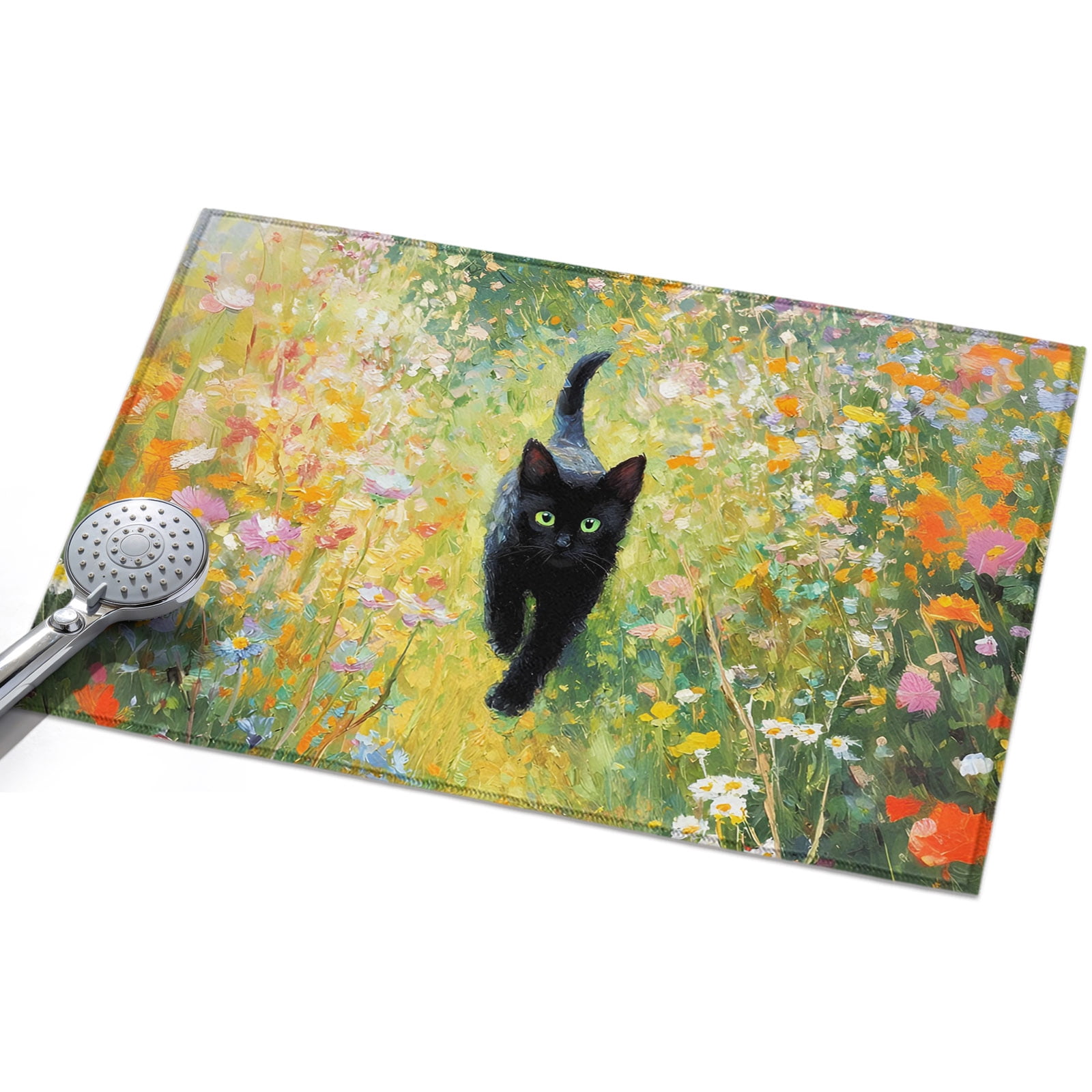 Black Cat Washable Area Rug 2 x 3 ft Colorful Floral Wildflowers Garden ...