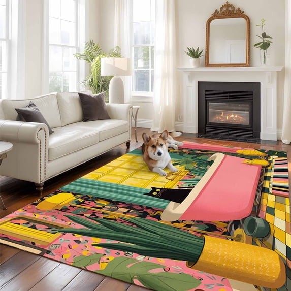 Black Cat Washable Area Rug 5x7 Pink Bathtub Green Leaf Whimsical Style ...