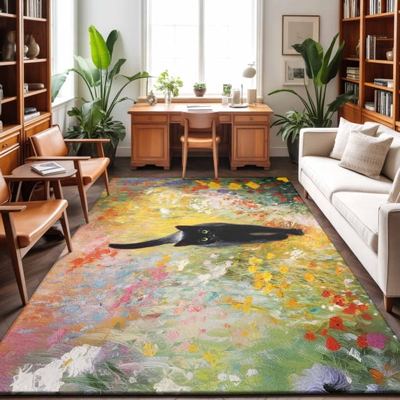Black Cat Washable Area Rug 6 x 9 ft Colorful Floral Garden ...