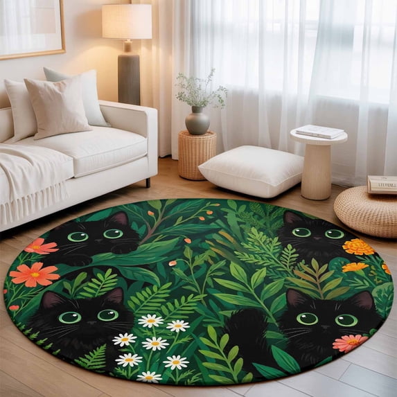 Black Cat Washable Round Area Rug 3.3 ft, Pink Orange Flower Green ...