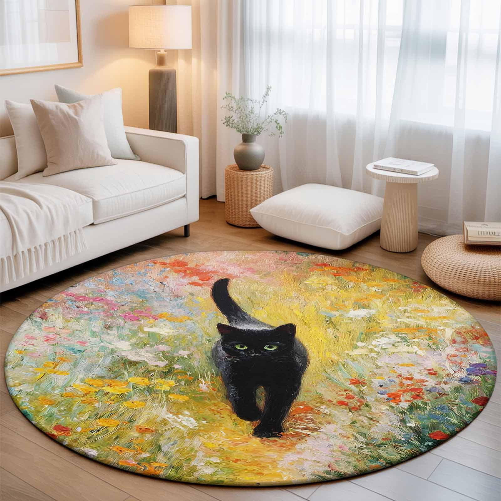 Black Cat Washable Round Area Rug 7 ft, Colorful Floral Garden ...