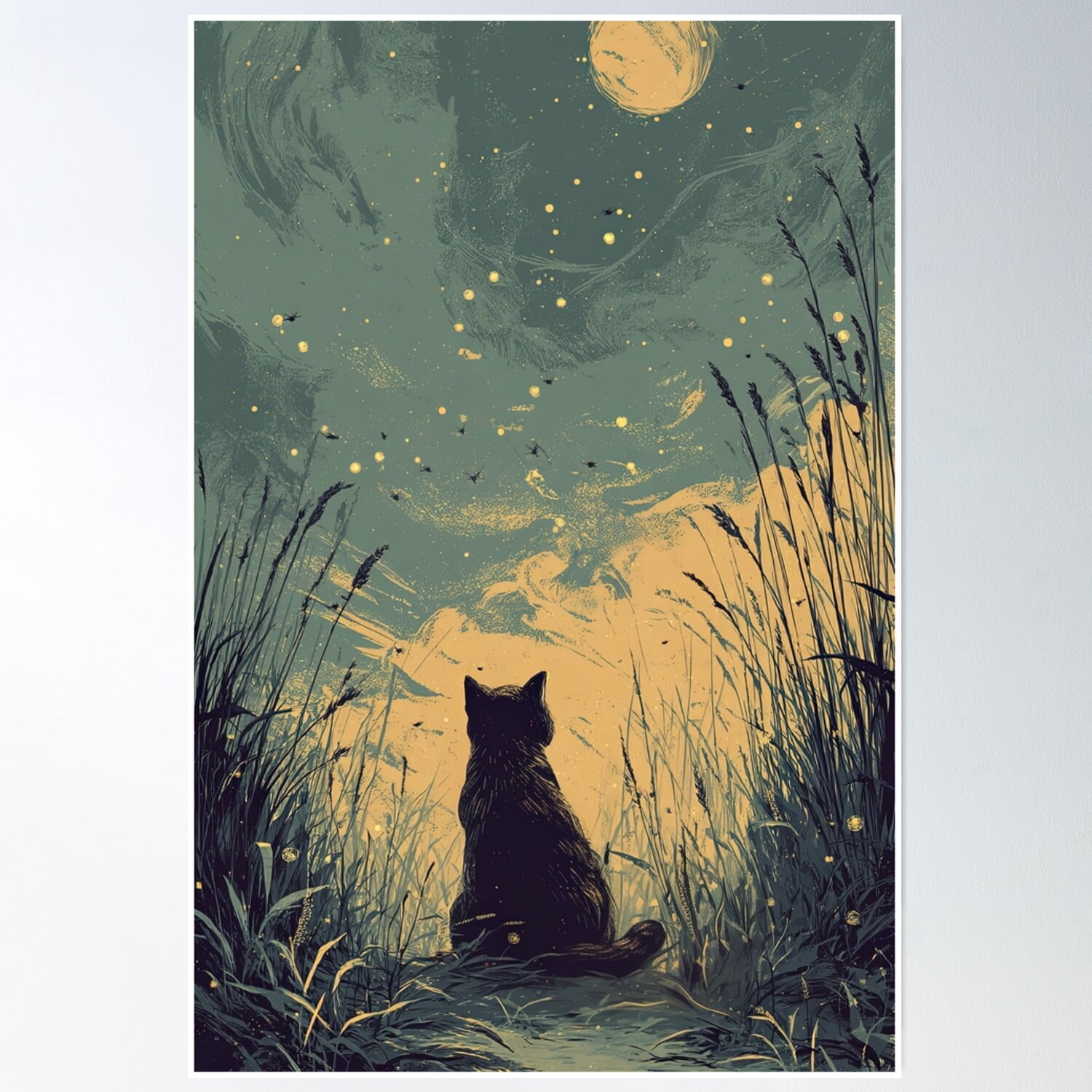 Black Cat Watching Fireflies Under A Moonlit Sky Poster Wall Art ...