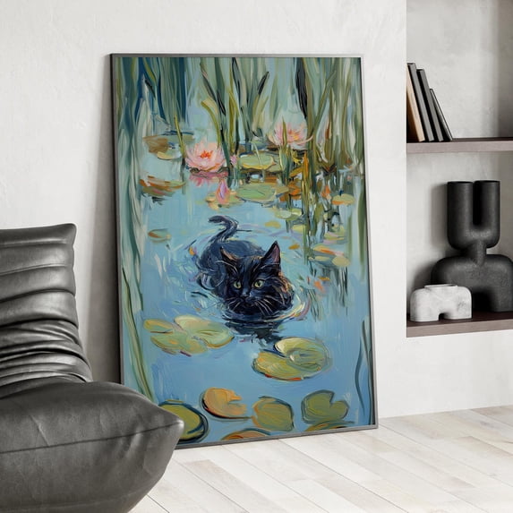 Black Cat Water Lily Pond Wall Art, Impressionist Cat Decor, Unframed ...
