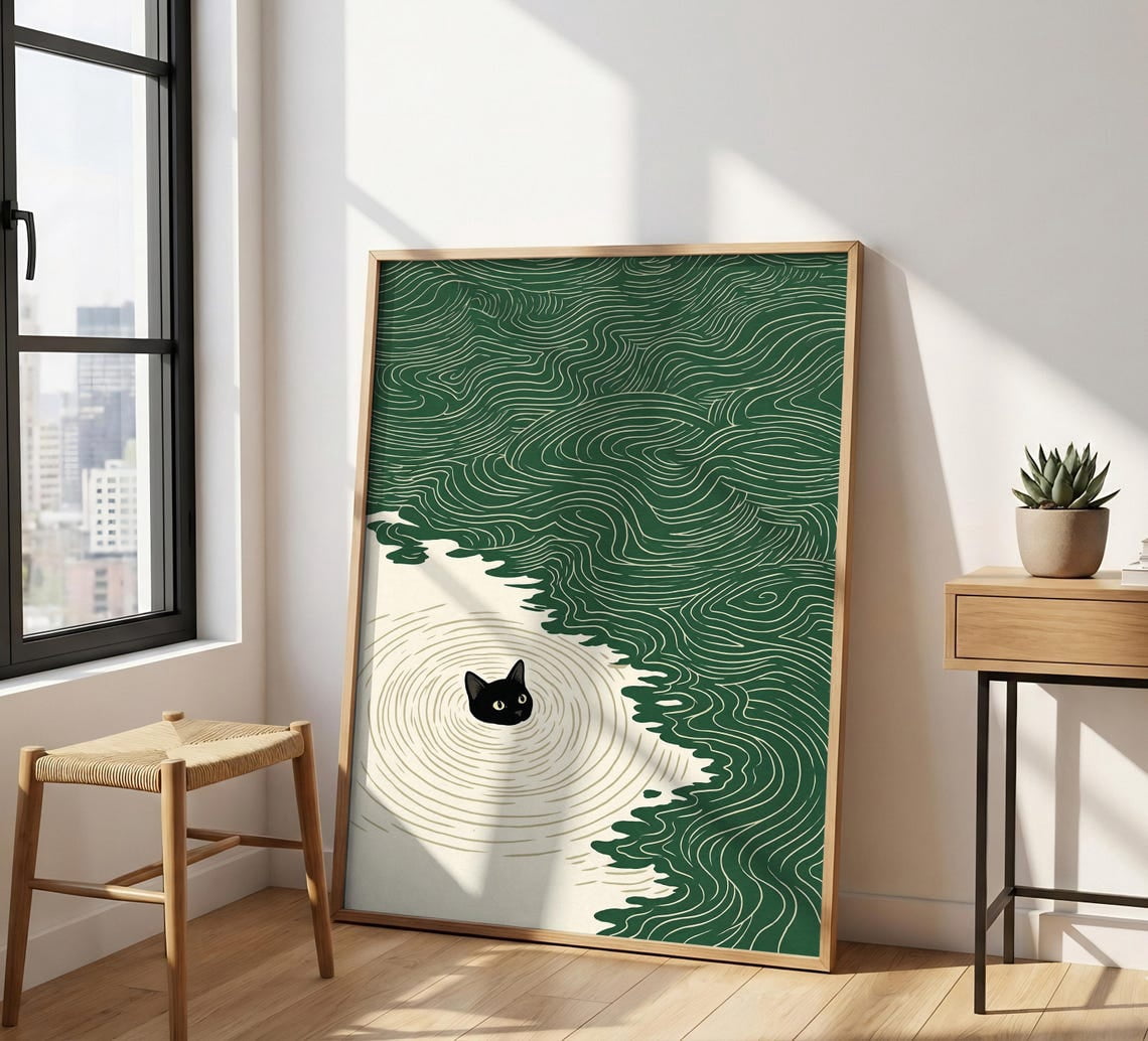 Black Cat Water Ripple Japanese Zen Funny Peeking Cat Minimalist Green ...