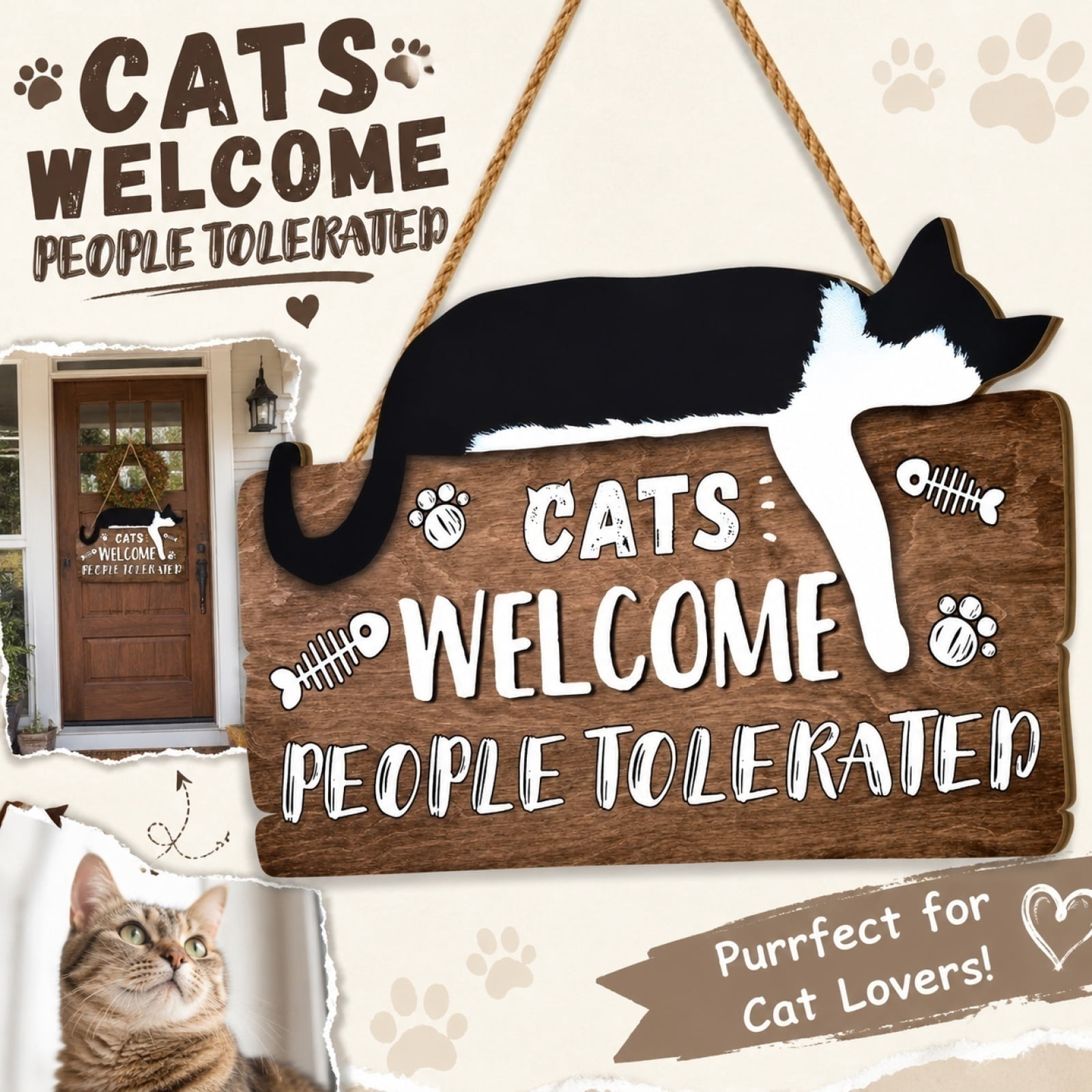Black Cat Welcome Wooden Sign, Cats Welcome People Tolerated Hanging ...