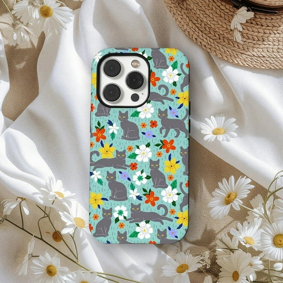 Black Cat Whimsical Colorful Floral Vibe Phone Case 17 16 15 14 13 12 ...