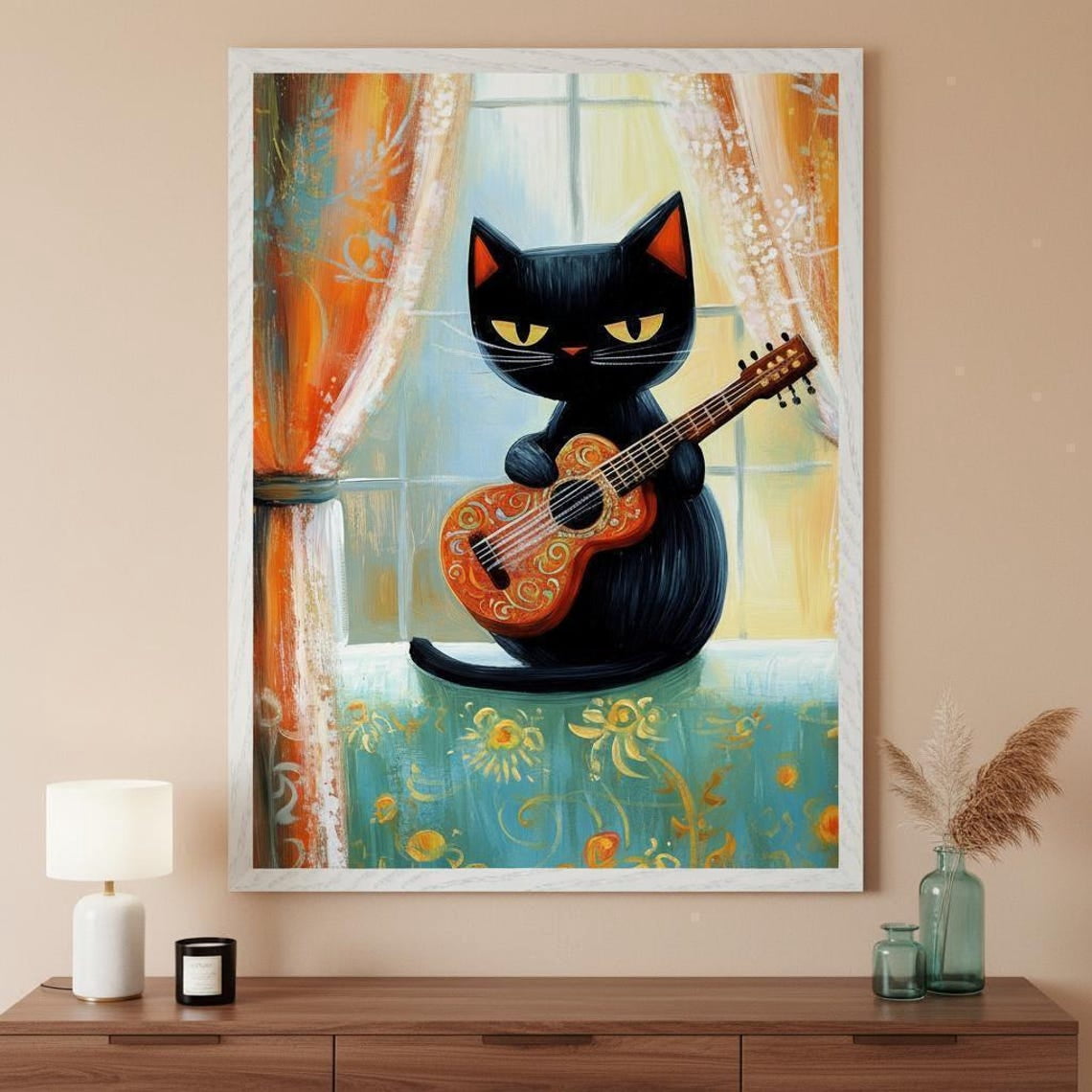 Black Cat Whimsical Wall Art Musician Cat Guitar Decor Colorful Animal ...