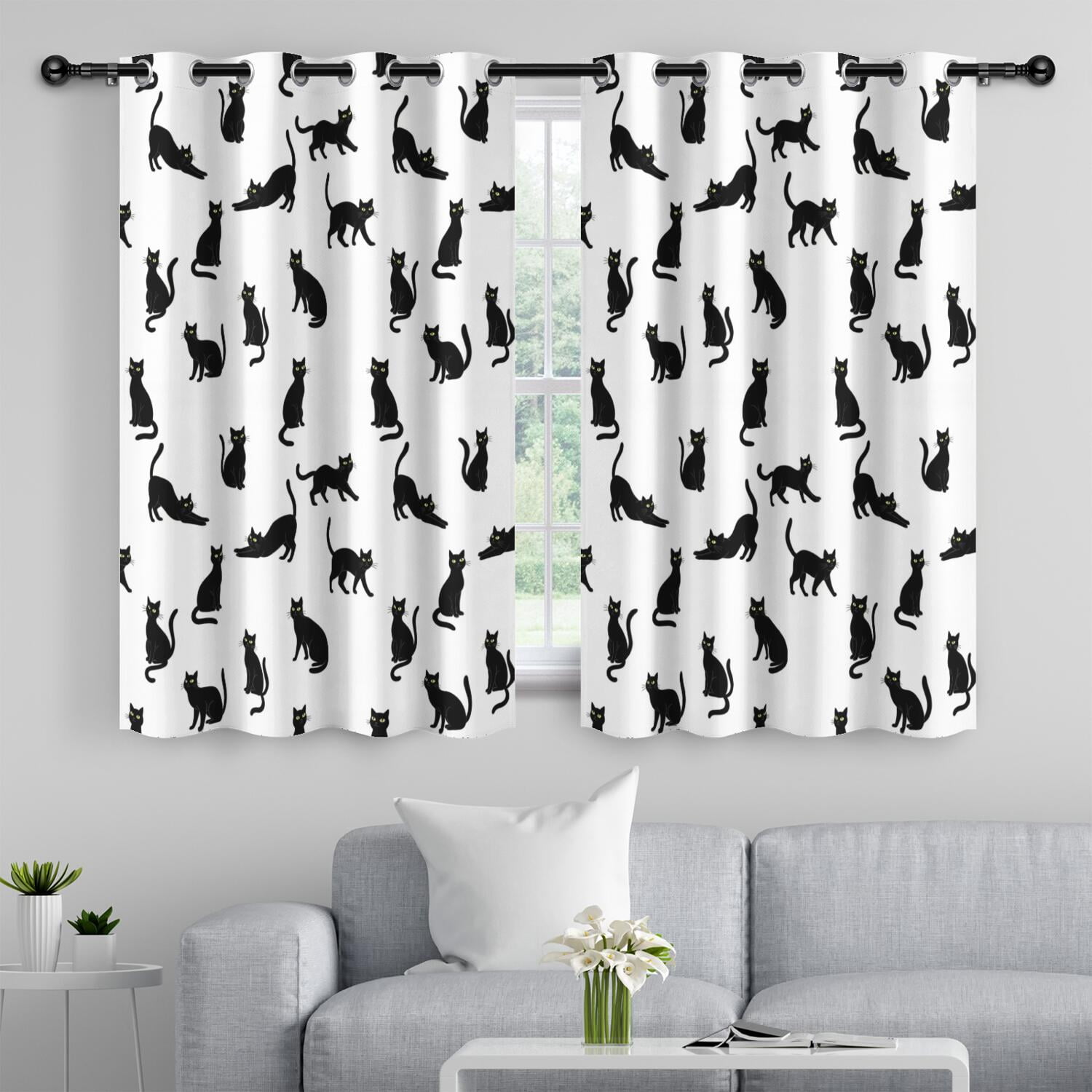 Black Cat White Pattern Blackout Curtains,Triple Weaved Fabric,Thermal ...
