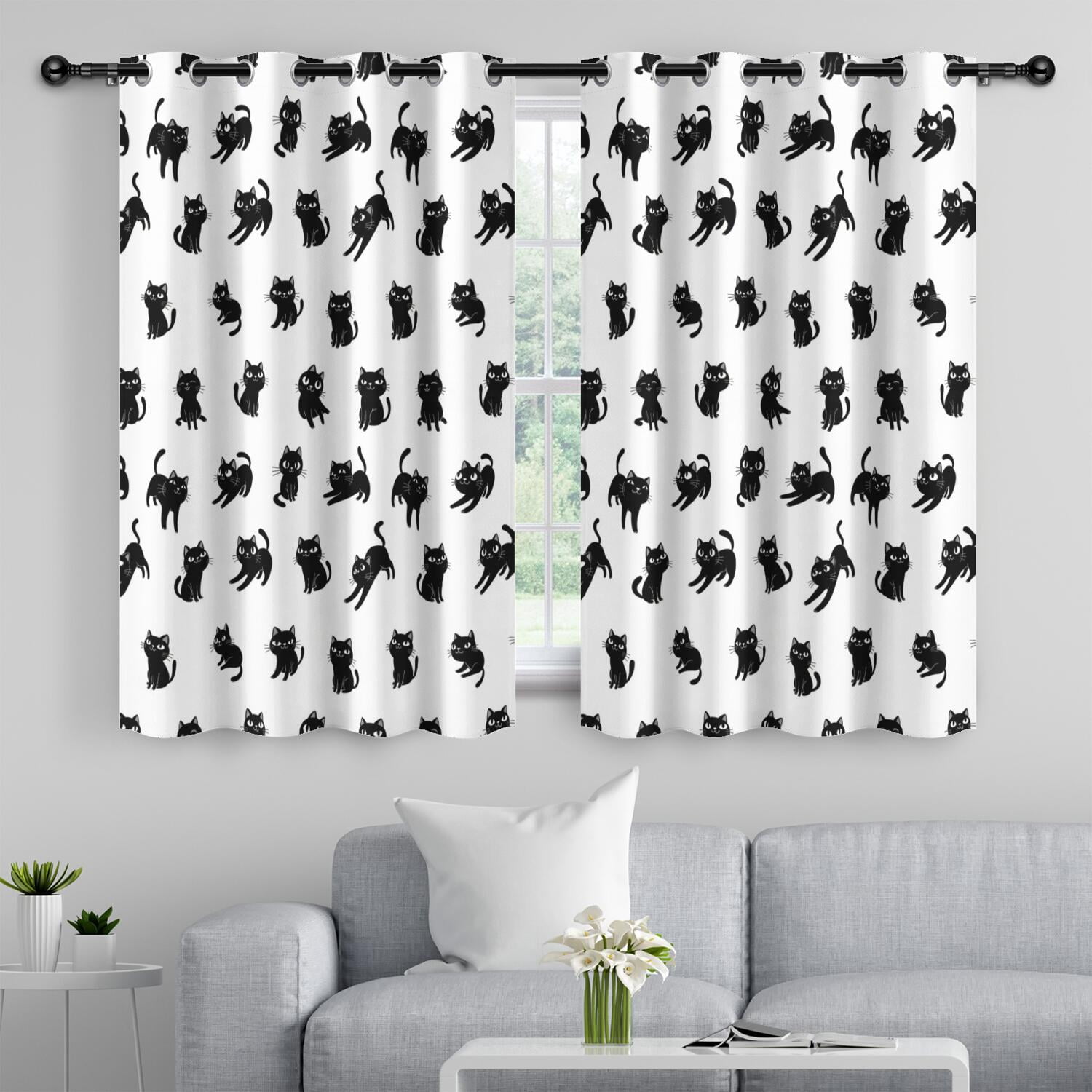 Black Cat White Pattern Blackout Curtains,Triple Weaved Fabric,Thermal ...