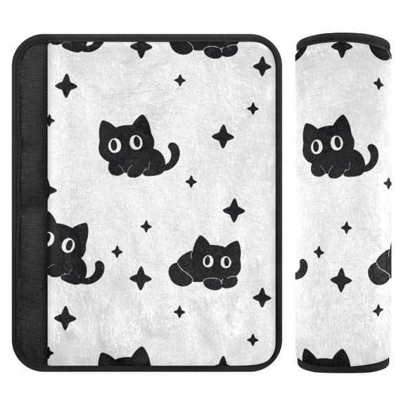 Black Cat White Pattern Car Seat Belt Covers 2 Pack Soft Flannel Padded ...