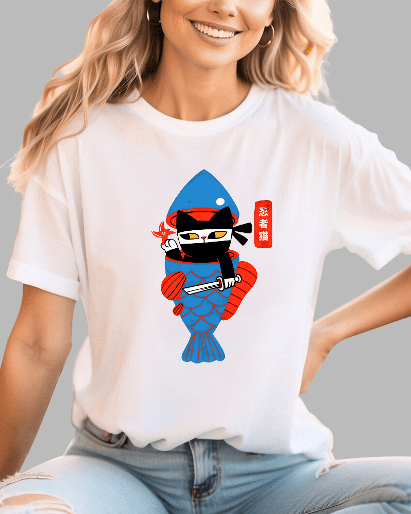 Black Cat Who Loves To Eat Fish Cotton casual T-shirt - Walmart.com