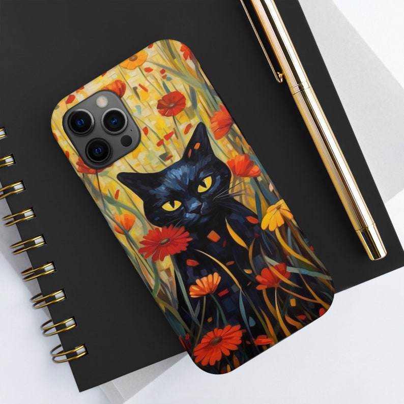 Black Cat Wildflower Artistic Phone Case for iPhone 11 12 13 14 15 16 ...