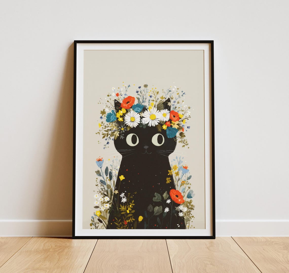 Black Cat Wildflower Crown Print, Cottagecore Decor Home Decor #1939 ...