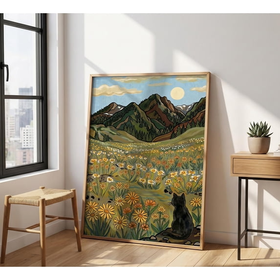 Black Cat Wildflower Meadow Poster Folk Art Mountain Landscape Floral ...