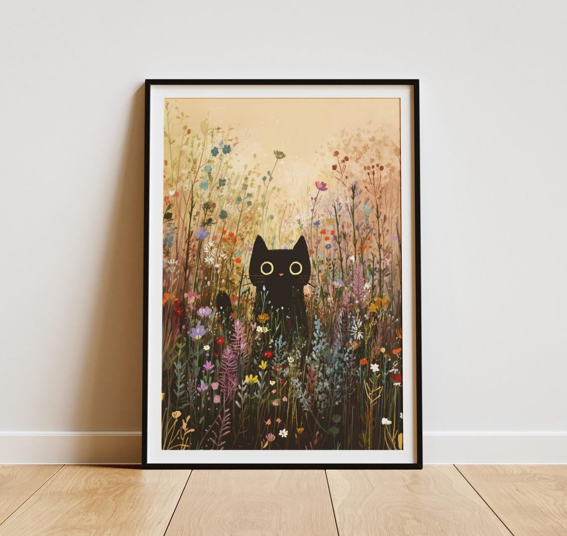 Black Cat Wildflower Meadow Print, Whimsical Cottagecore UNFRAMED ...