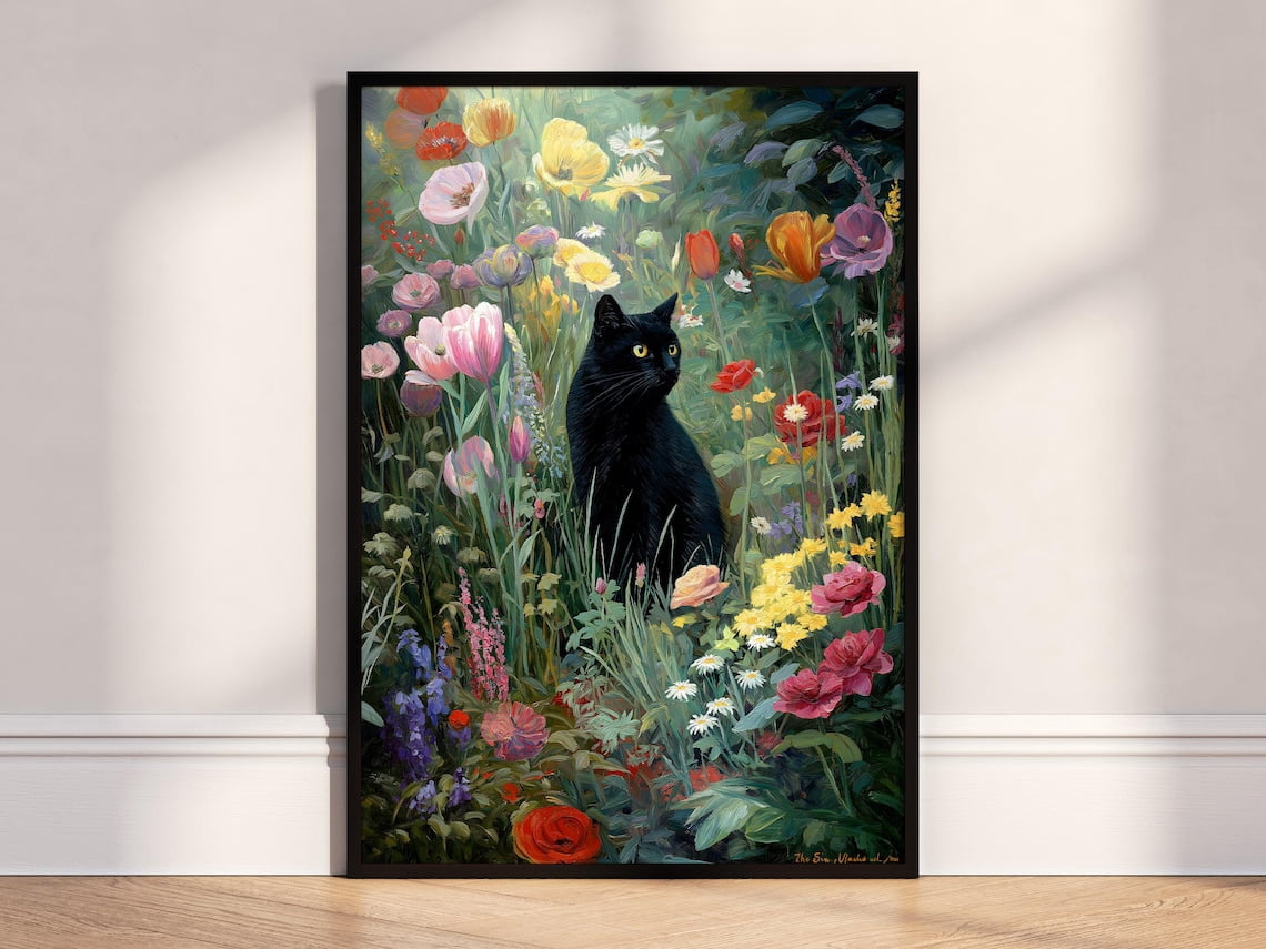Black Cat Wildflowers Botanical Floral Art Poster Unframed Paper Print ...