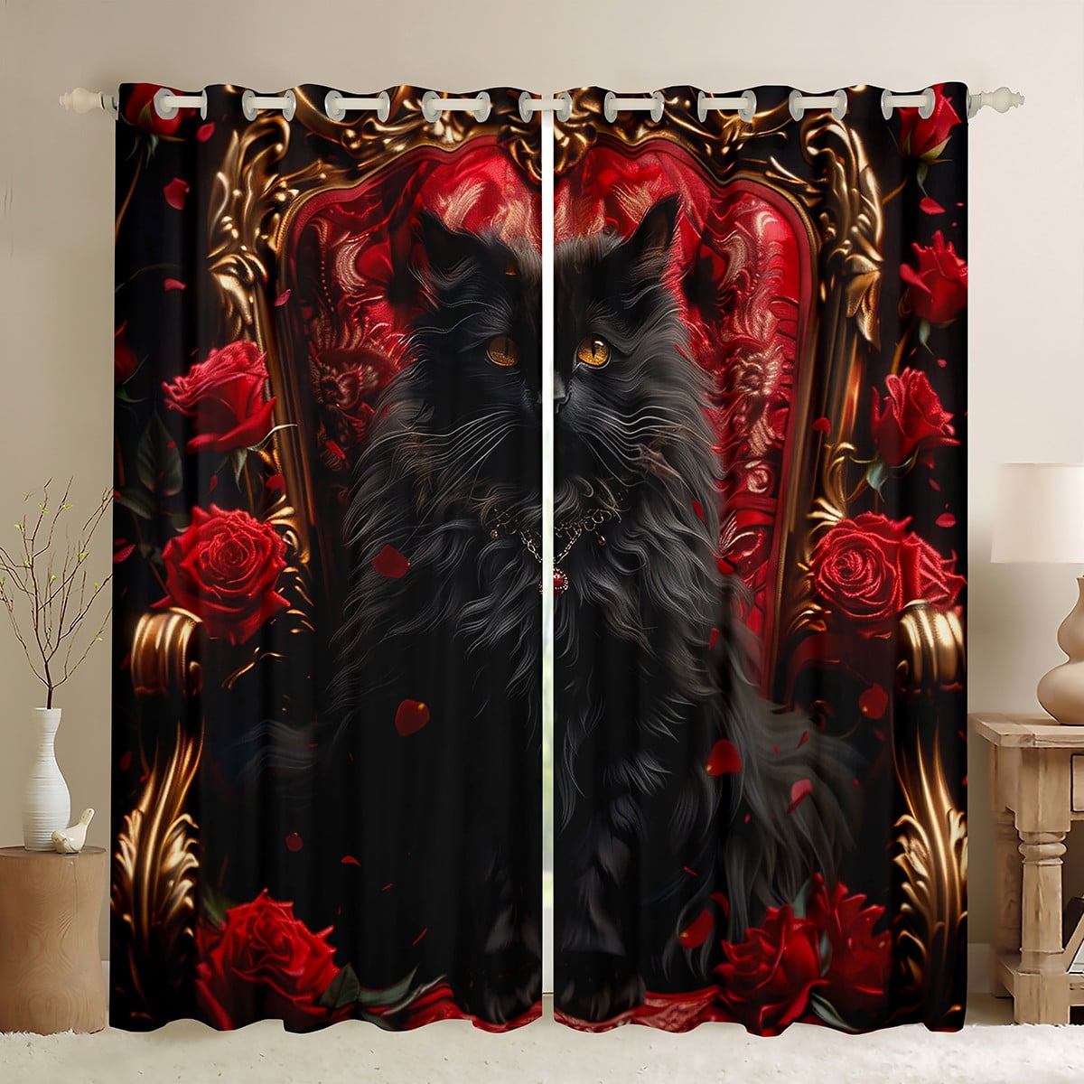 Black Cat Window Drapes Block 30%-50% Light,Rose Romantic Style Kitchen ...
