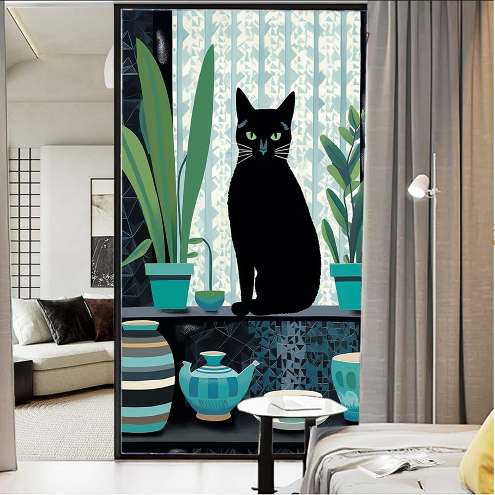 Black Cat Window Film Decorative Pot Plants Cute Animals Vintage ...