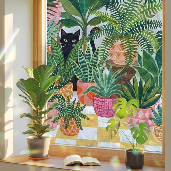 Black Cat Window Privacy Film, Indoor Jungle Potted Cacti Boho Tropical ...