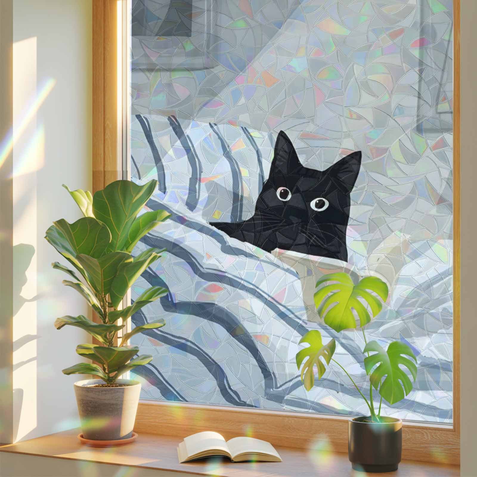 Black Cat Window Privacy Film Rainbow Static Cling Stain Glass Window ...