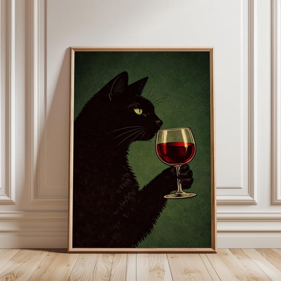 Black Cat Wine Wall Art Cat Cat Lover Edgy Animal Art Vintage Style ...