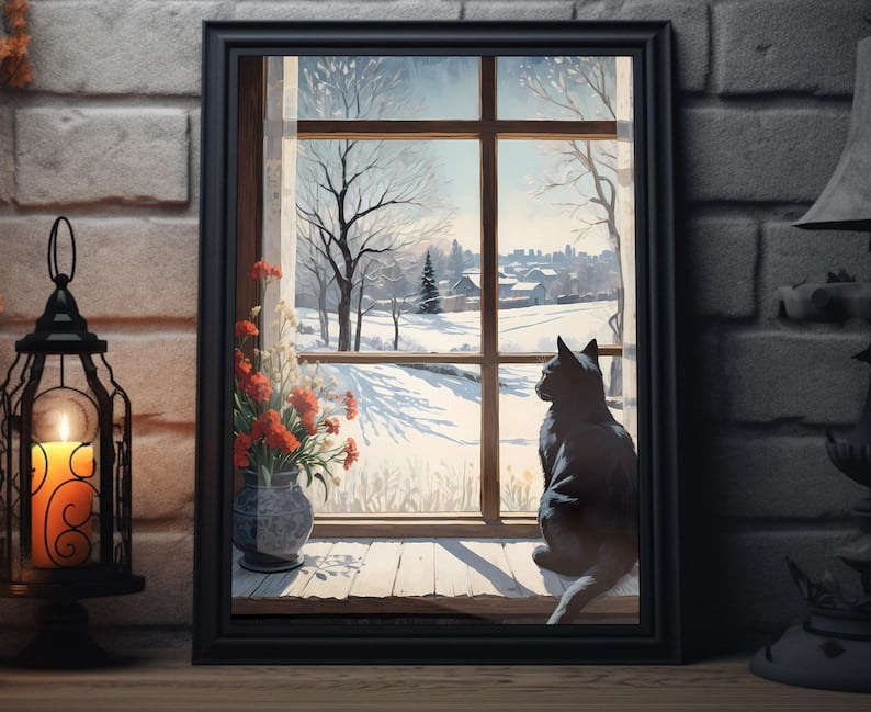 Black Cat Winter Window View Art Print | Cozy Snowy Landscape Painting ...
