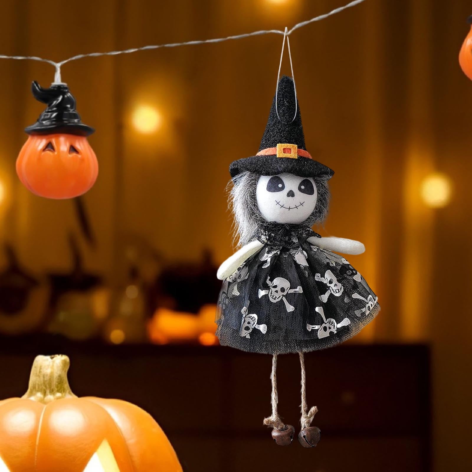 Black Cat Witch Doll Pendant, Halloween Decorative Hanging Doll with Gauze Dress, Pumpkin and ...