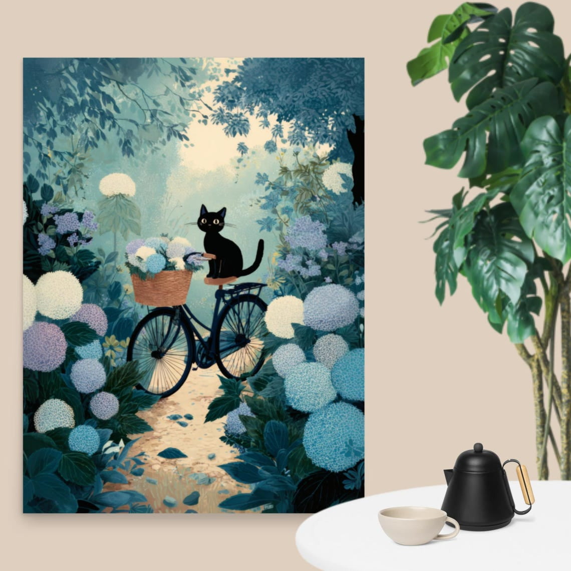 Black Cat With Bicycle And Hydrangeas, Floral Retro Cat Wall Art Poster 2020 UNFRAMED Poster ...