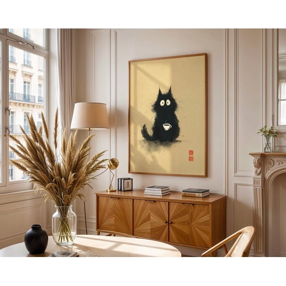 Black Cat With Coffee Print, Japanese Ink Wash Style, Unframed Paper ...