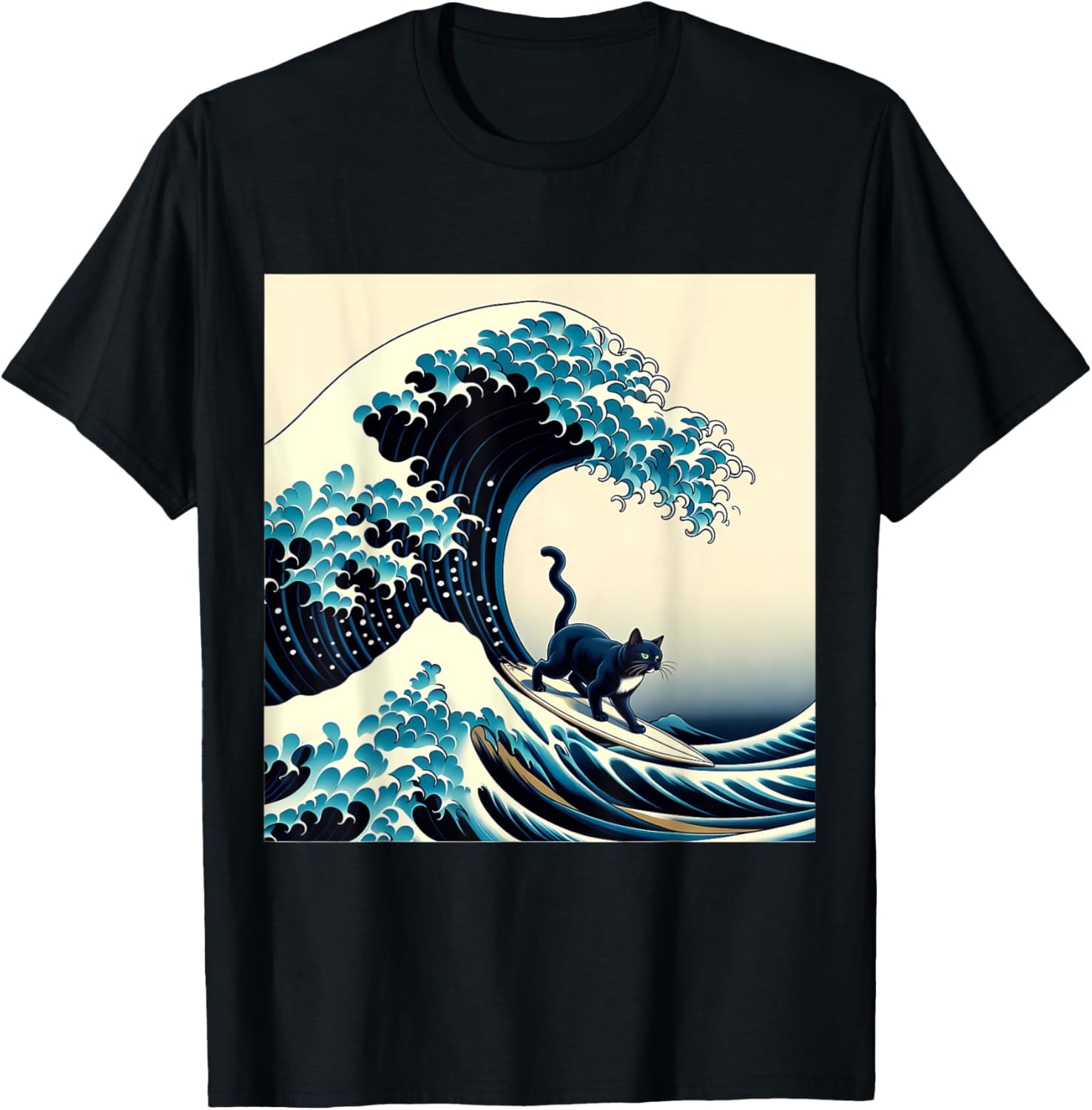 Black Cat With Surf Surfing The Great Wave Hokusai Parody Pet T-Shirt ...
