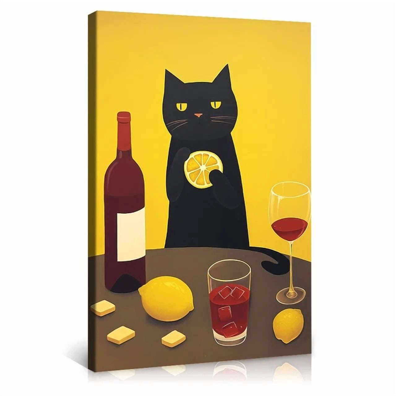 Black Cat With Wine And Lemon Poster Wall Artwork Decor Print Art ...