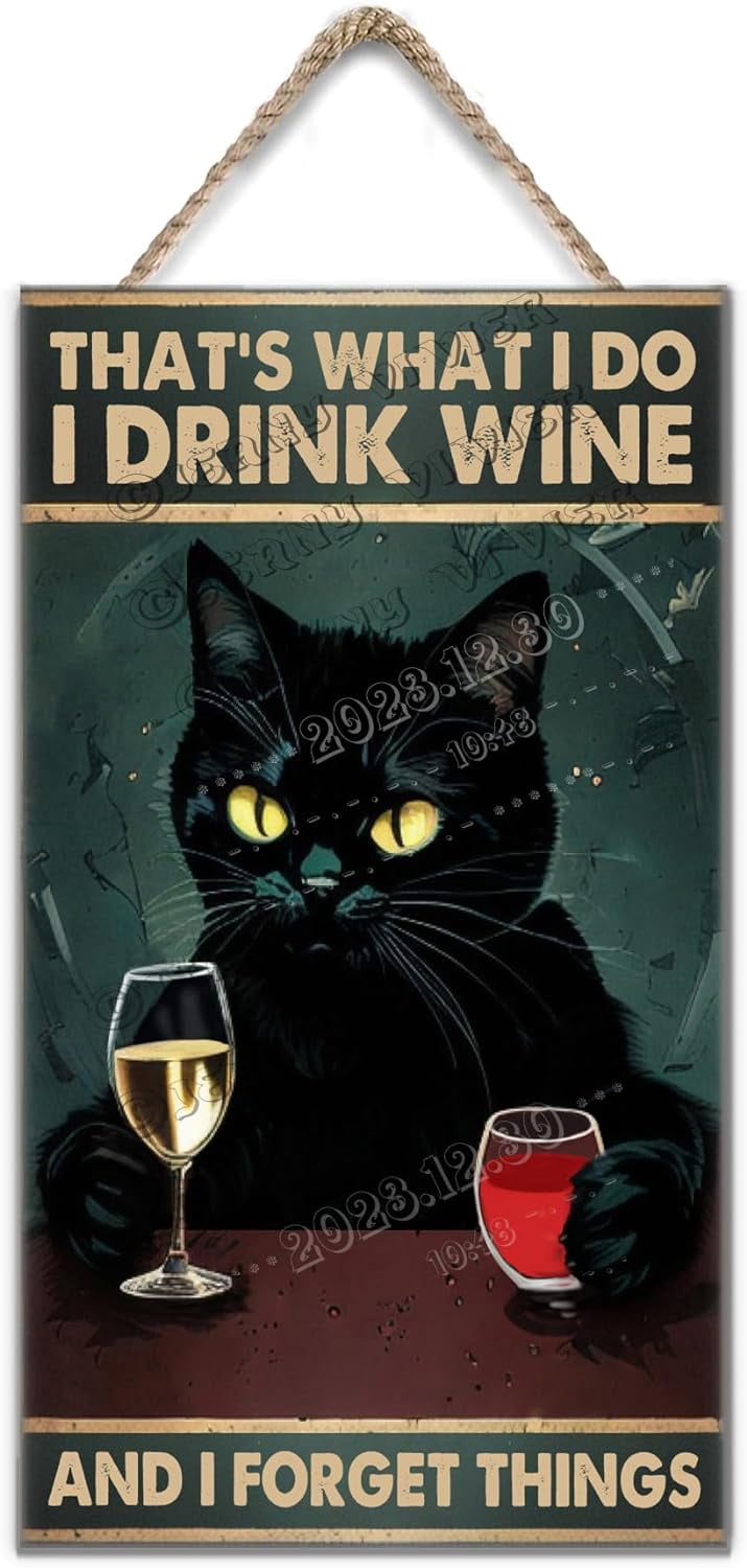 Black Cat Wood Sign, Rustic Cat and Wine Sign for Home Decor, Funny Cat ...
