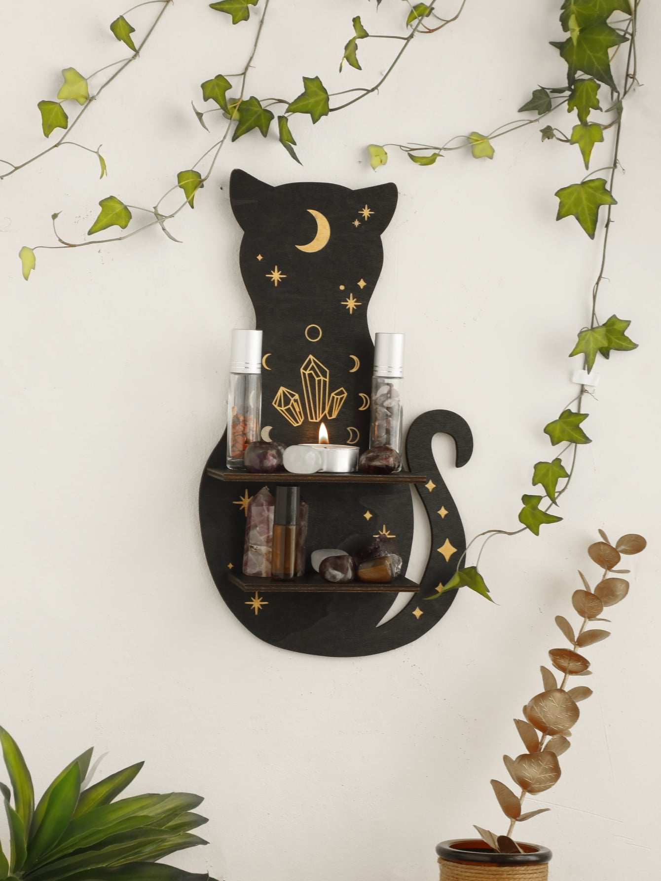 Black Cat Wooden Shelf Moon Phase Floating Shelf Chakra Crystal Holder ...