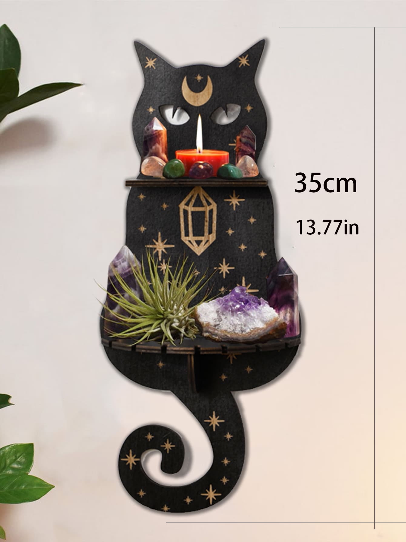 Black Cat Wooden Shelf Moon Phase Floating Shelf Chakra Crystal Holder ...