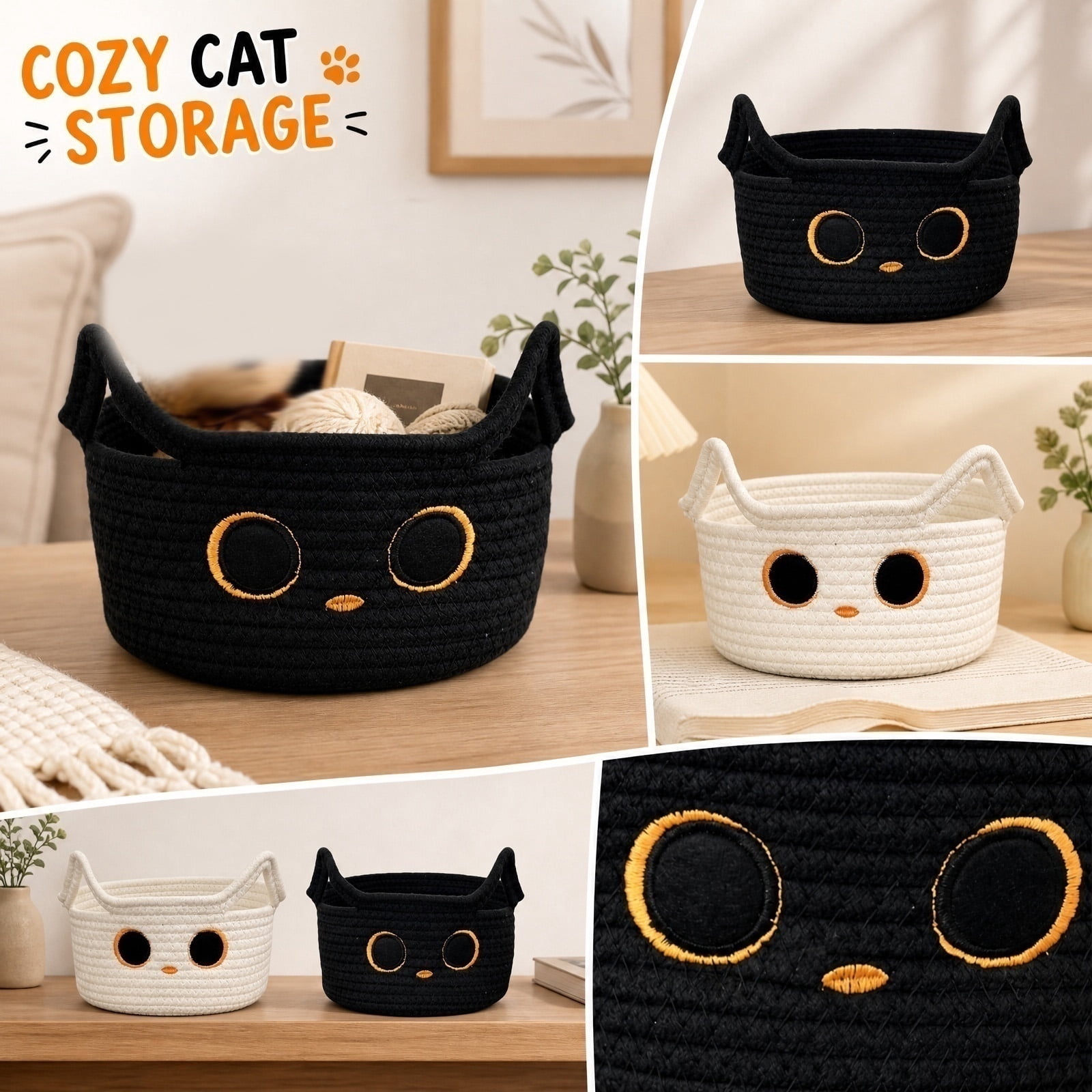 Black Cat Woven Toy Storage Basket, Small Cotton Rope Organizer with ...