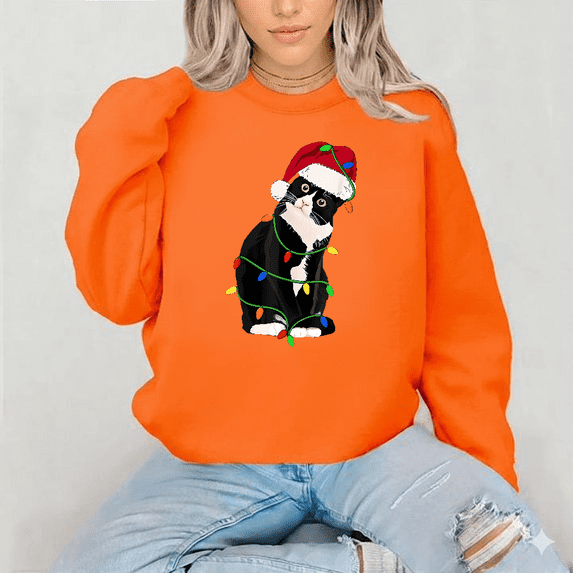 Black Cat Wrapped In Holiday Lights Festive Winter Pet Lover Sweatshirt ...
