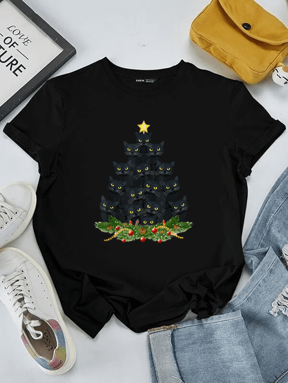 Black Cat Xmas Tree St Nick Cat Lover Holiday Themed up to Size 5XL ...